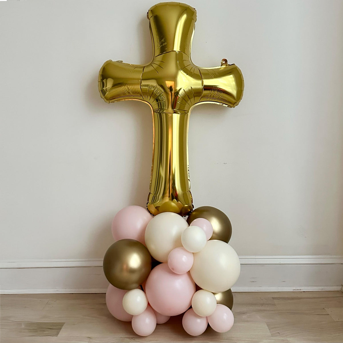 Large Gold Cross Balloon Tower | Pink & Gold Christening Decorations ...