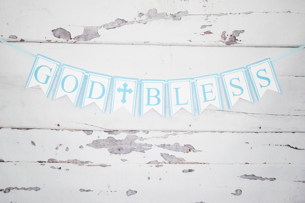 God Bless Blue Card Stock Banner | Baptism or Confirmation Decorations ...