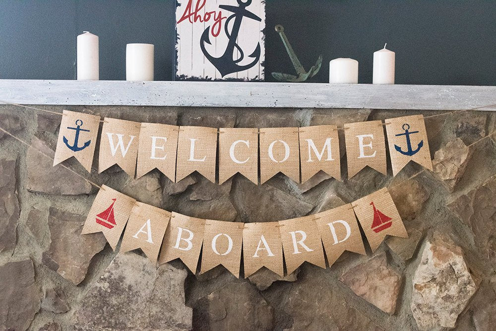 Nautical Baby Shower Decor, Welcome Aboard Banner – Swanky Party Box