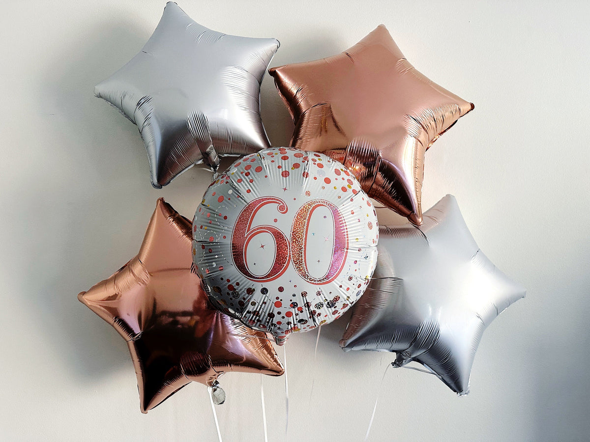 60th Birthday Balloon Bouquet | Rose Gold & Silver Balloons – Swanky ...