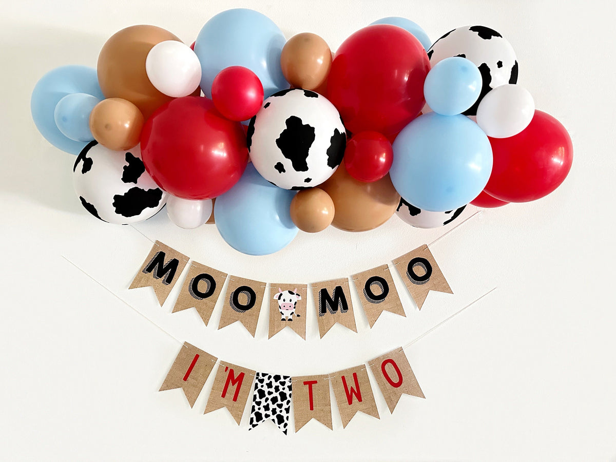 Moo Moo I'm Two Banner and Party Kit | Farm Second Birthday Party Deco ...